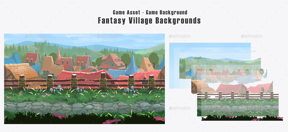 5 Village 2D Game Backgrounds - Parallax and Stackable by Space_Gecko