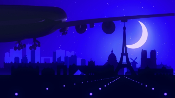 Paris France Airplane Landing Skyline Moonlight Night , Motion Graphics