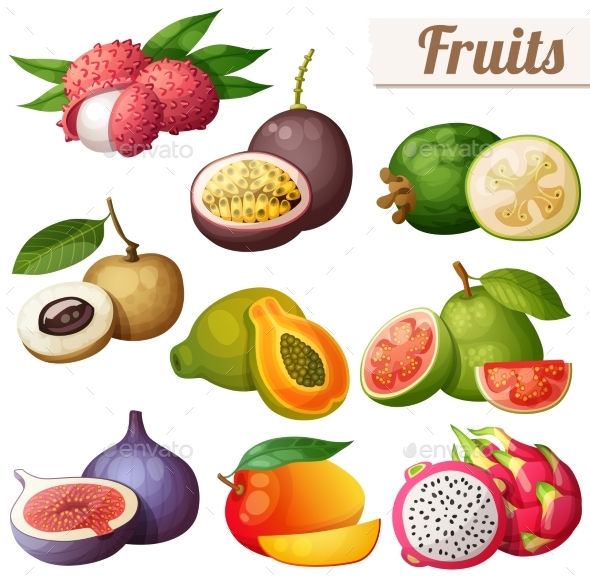 Set of Cartoon Food Icons Exotic Fruits Isolated by Annzabella ...