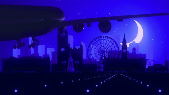 Manchester England Airplane Landing Skyline Moonlight Night , Motion ...