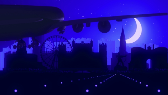 Nottingham England Airplane Landing Skyline Moonlight Night , Motion ...