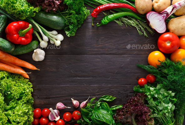 Frame of fresh vegetables on wooden background with copy space Stock ...