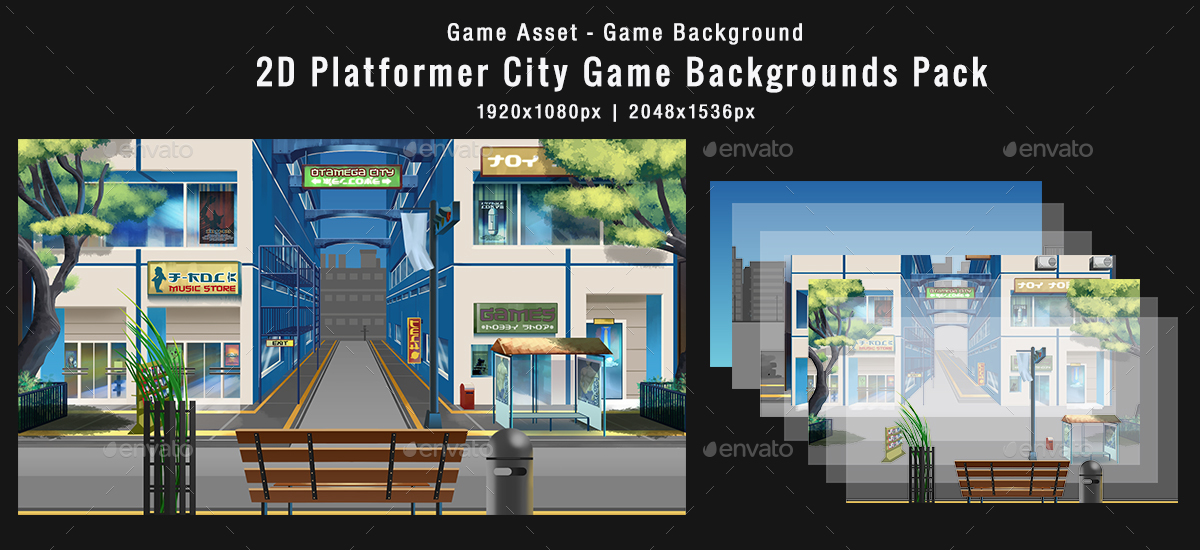 5 Platformer City Game Backgrounds - Parallax & Stackable by Space_Gecko