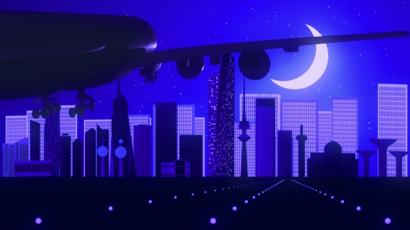 Kuwait Airplane Landing Skyline Moonlight Night, Motion Graphics ...