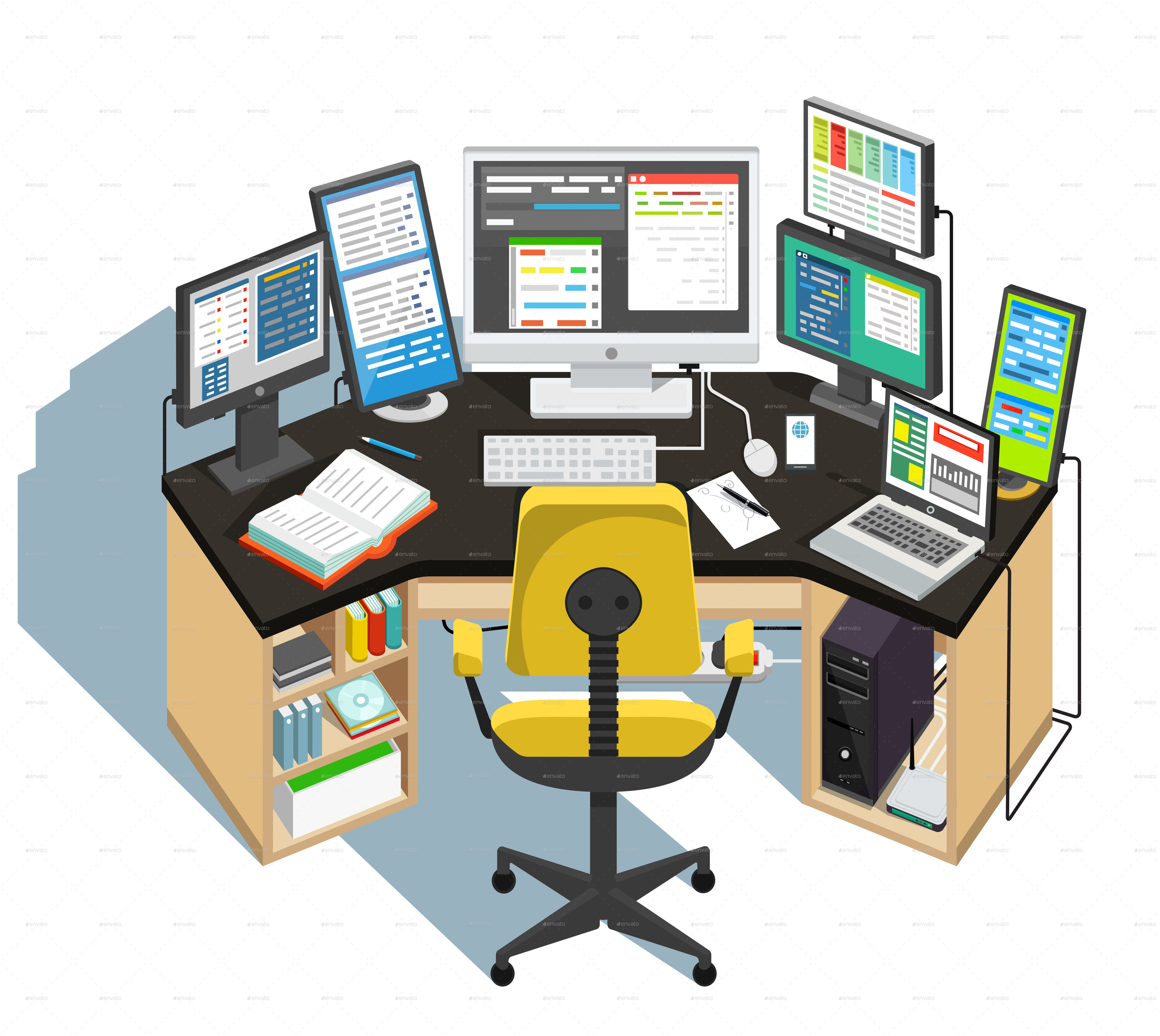 Programmer Workplace, Vectors | GraphicRiver