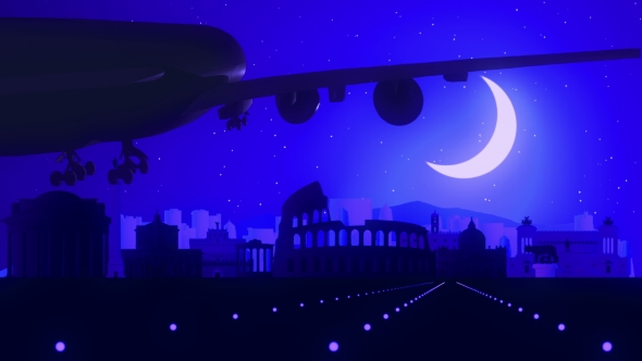 Rome Italy Airplane Landing Skyline Moonlight Night, Motion Graphics