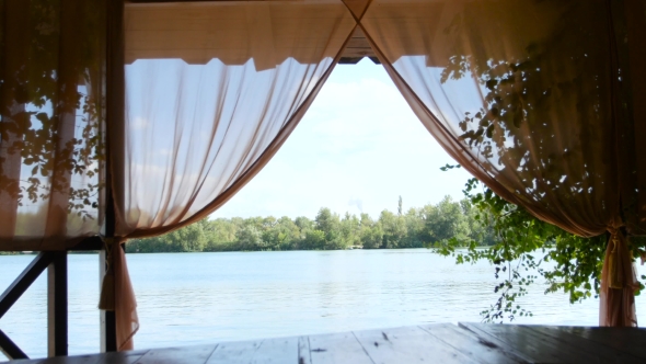 Cafe Over The Water. View From The Restaurant On The River, Stock Footage