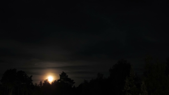 Night Moon Rising On The Horizon Over The Trees And Clouds. , Stock Footage