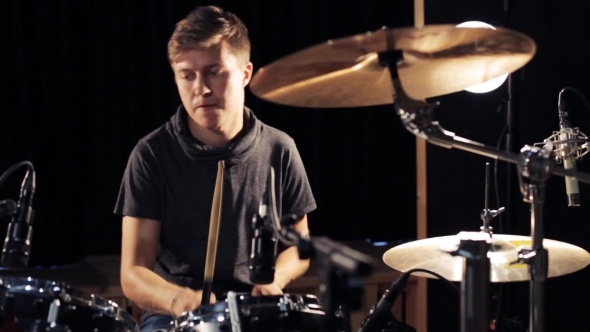 Male Musician Playing Drums And Cymbals At Studio 17, Stock Footage