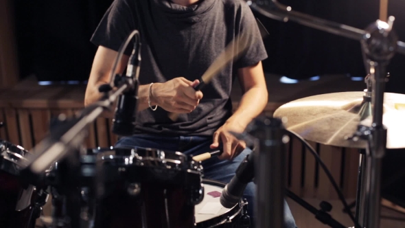 Male Musician Playing Drums And Cymbals At Studio 24, Stock Footage