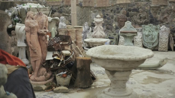 Amazing Plaster Sculpture. Faces, Fountains, Vases From Gypsum In ...