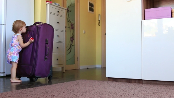 Funny Little Child Pushing Big And Heavy Suitcase, Stock Footage ...