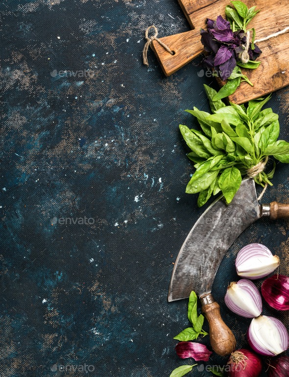 Healthy food cooking background over grunge dark blue plywood texture ...