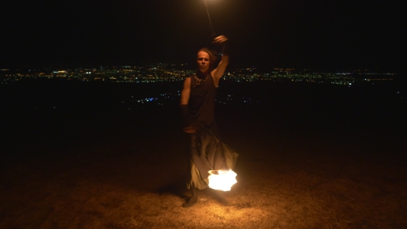 Fire Show Festival. Dance With Fire Poi, Stock Footage | VideoHive