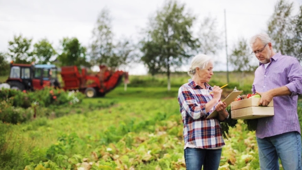 Senior Couple With Box Of Vegetables On Farm, Stock Footage | VideoHive