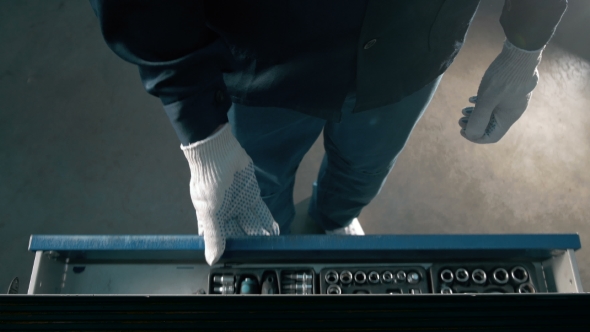 Mechanic Open Blue Metal Box With Different Tools For Car Repair At ...