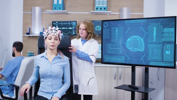 Neurology Female Doctor Making Adjustments To Brainwaves Headset, Stock ...
