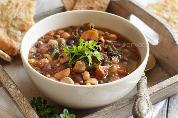 Cooked legumes and vegetables in a bowl Stock Photo by katrinshine