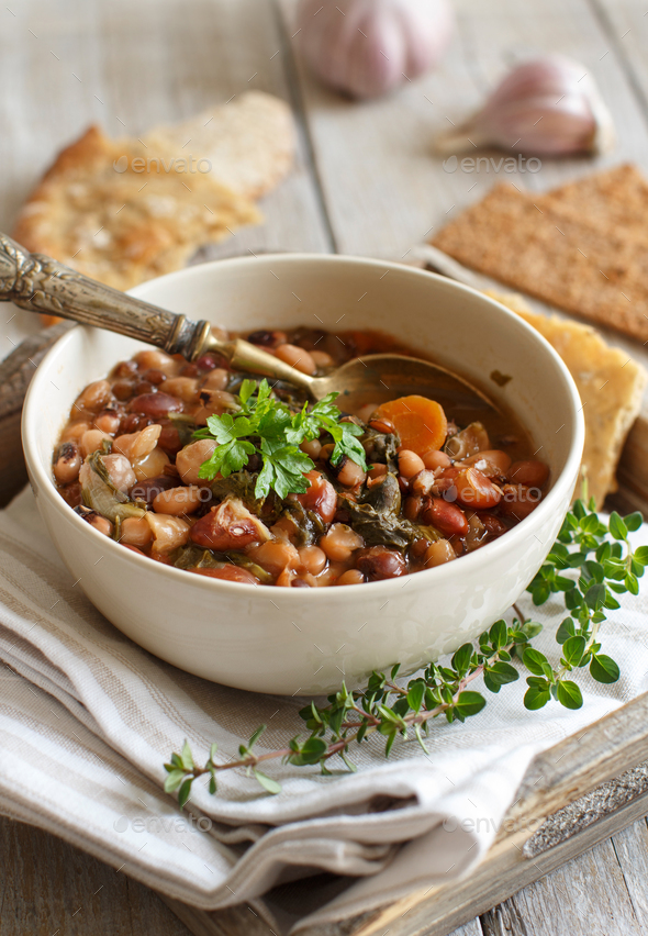 Cooked legumes and vegetables in a bowl Stock Photo by katrinshine