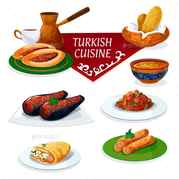 Turkish Cuisine Traditional Dishes Cartoon Icon by VectorTradition