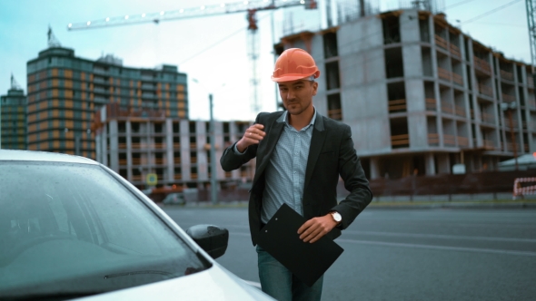 Architect Exit His Car And Go To Building Construction, Stock Footage