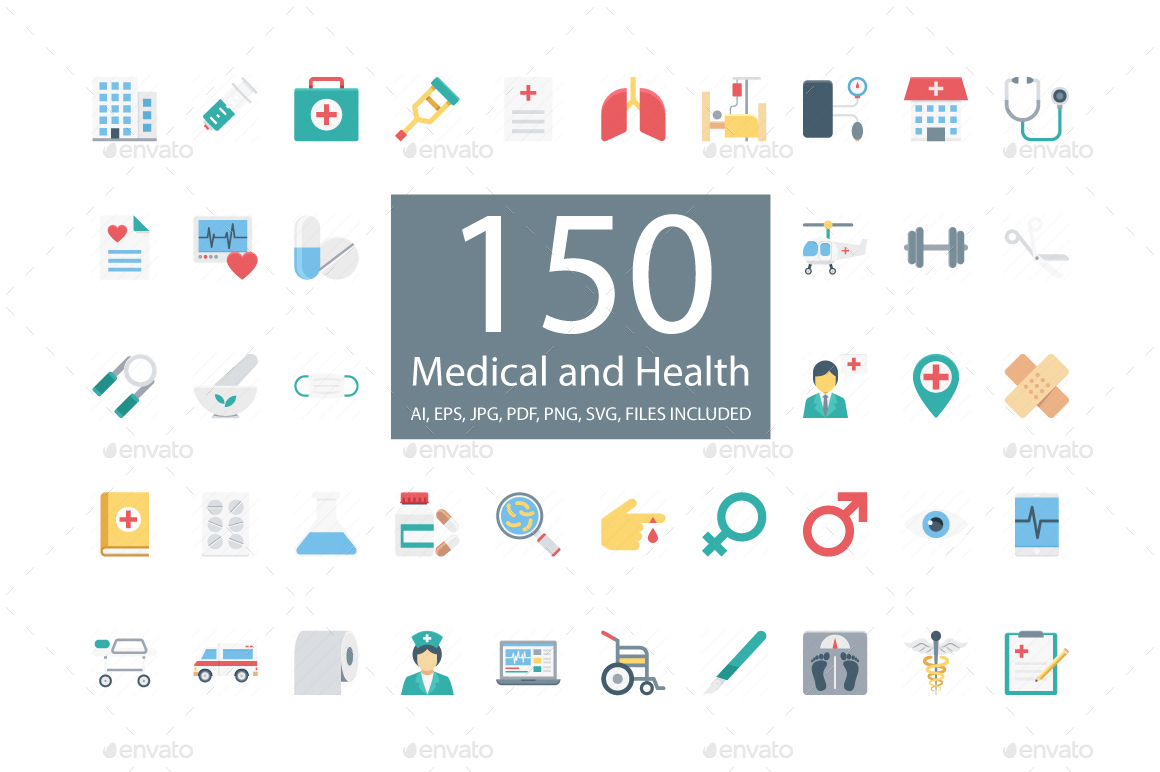 150 Medical and Health Vector Icons, Icons | GraphicRiver
