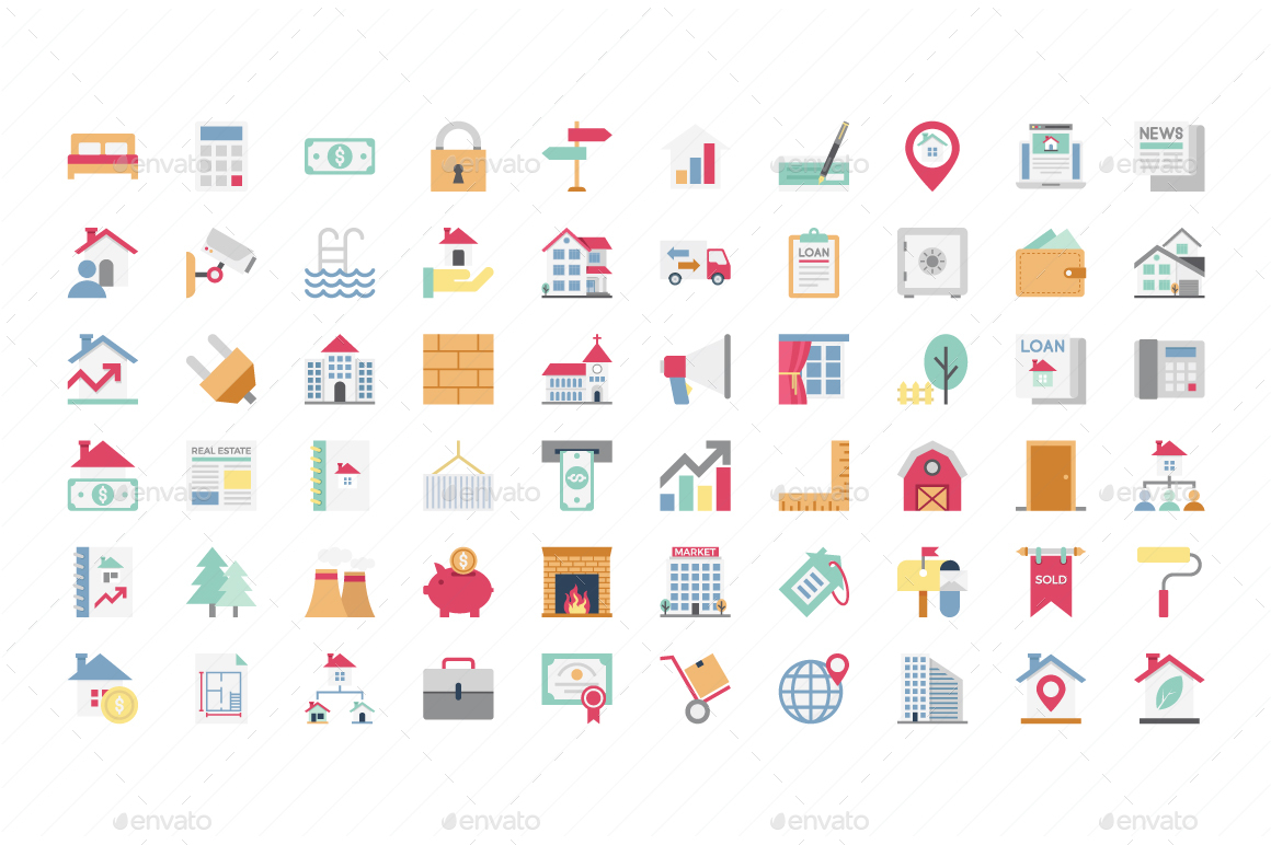 100 Real Estate Color Vector Icons, Icons | GraphicRiver