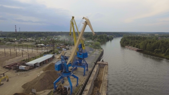 Aerial view:River Port With Cranes And Ships., Stock Footage | VideoHive