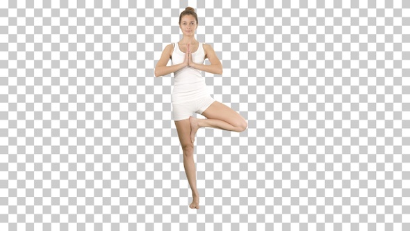 Tree Pose Standing on One Leg, Hands in Namaste, Prayer Gesture,, Stock ...