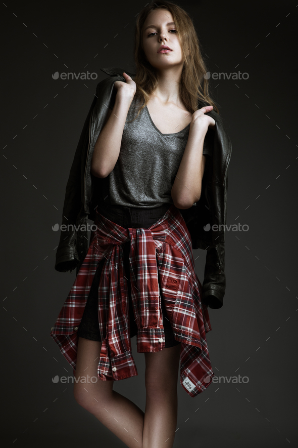 fashion model with long hair, is posing in studio Stock Photo by ...