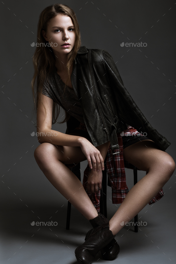 fashion model with long hair, is posing in studio Stock Photo by ...