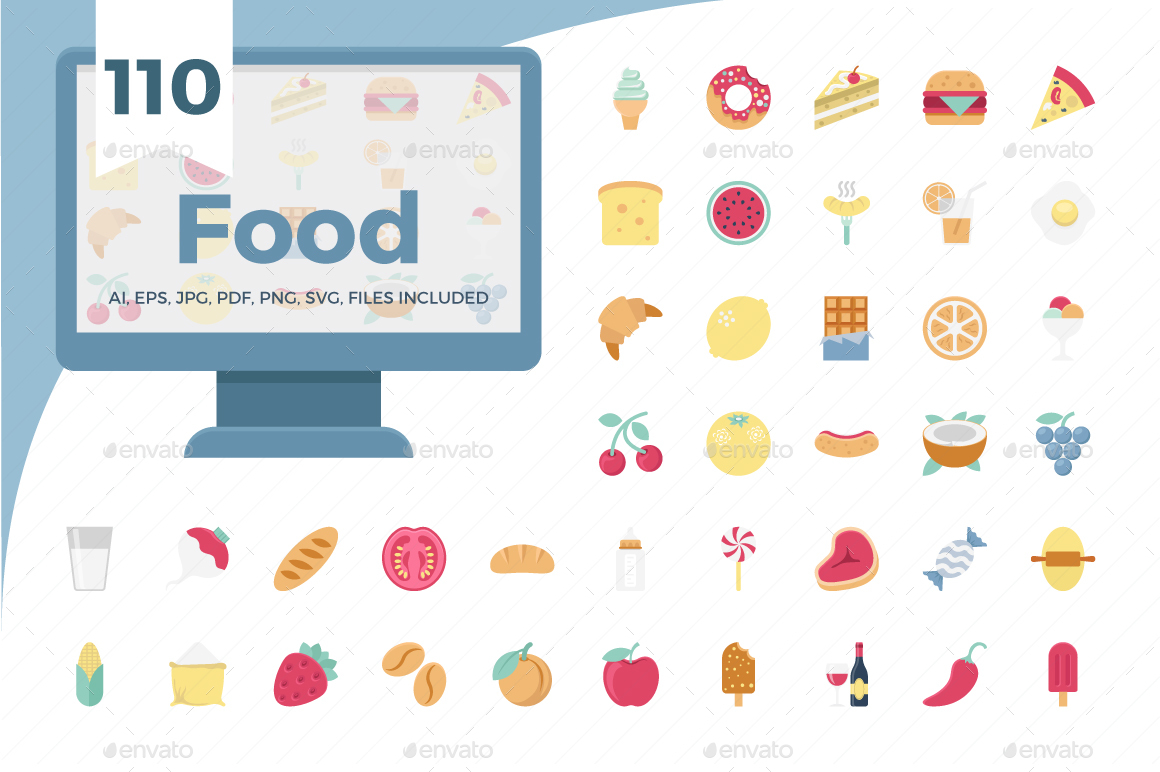110 Food Color Vector Icons Pack, Icons | GraphicRiver