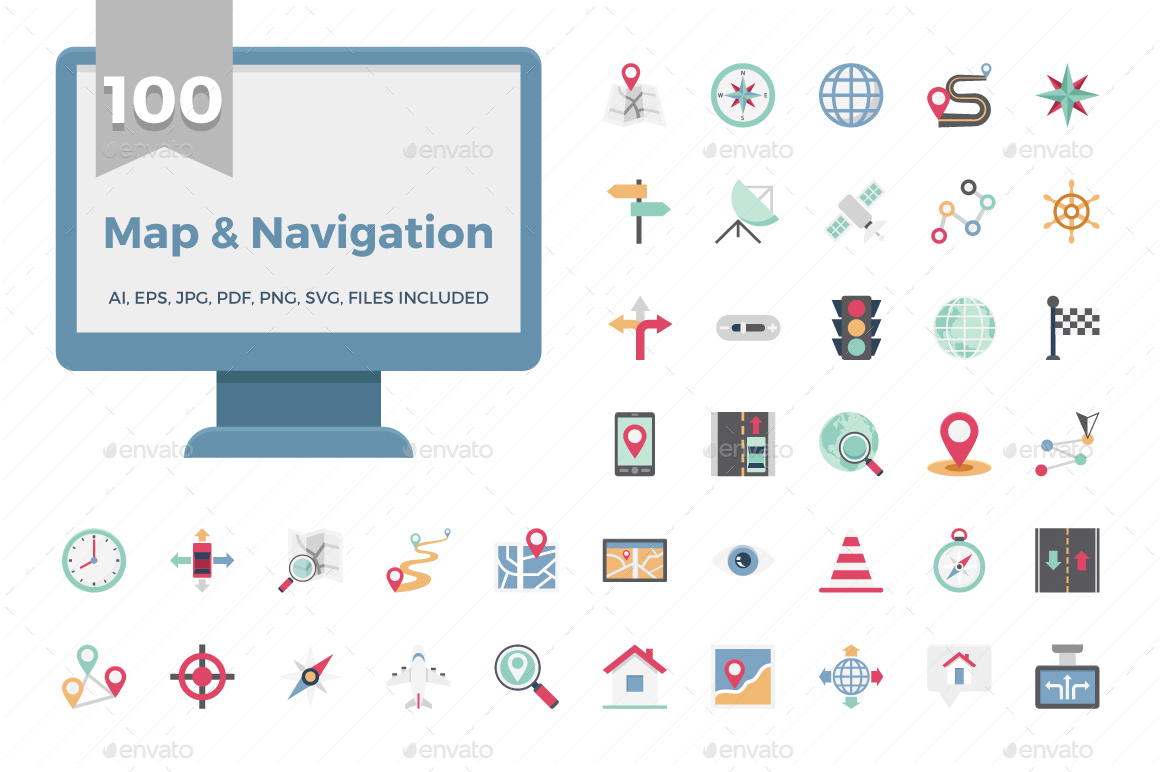 100 Map and Navigation Color Icons, Icons | GraphicRiver