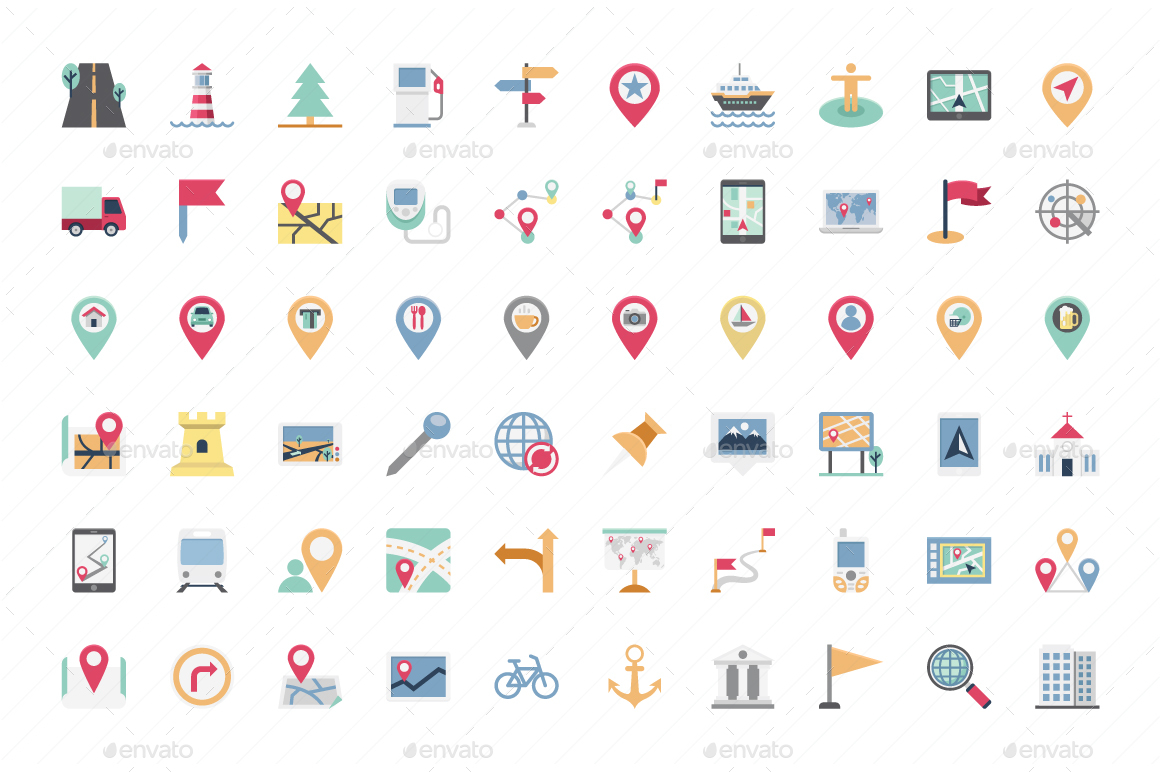 100 Map and Navigation Color Icons by brickclay | GraphicRiver