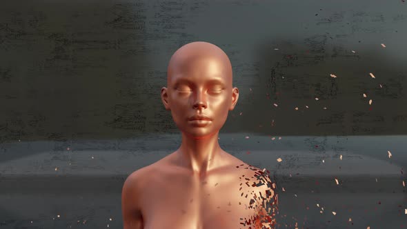 3D Animation, a female personality dissolving into pieces, Motion Graphics