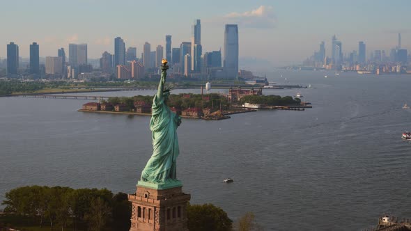 Aerial of a Symbol of West Values Statue of Liberty New York, Stock Footage