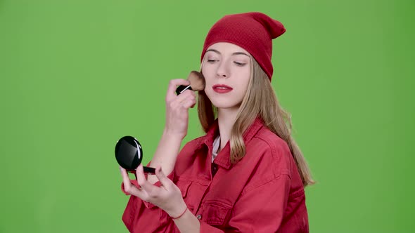 Girl Is Applying Makeup with a Brush, Green Screen, Slow Motion, Stock ...