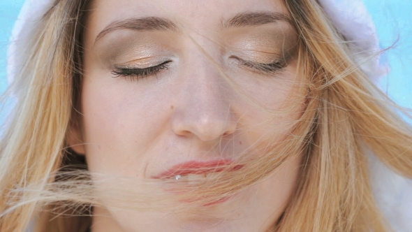 Portrait Of Woman's Face With Moving Hair On Head. Slowly, Stock Footage