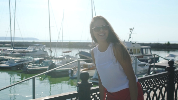 Beautiful Girl Laughing In On The Background Of Yachts, Stock Footage