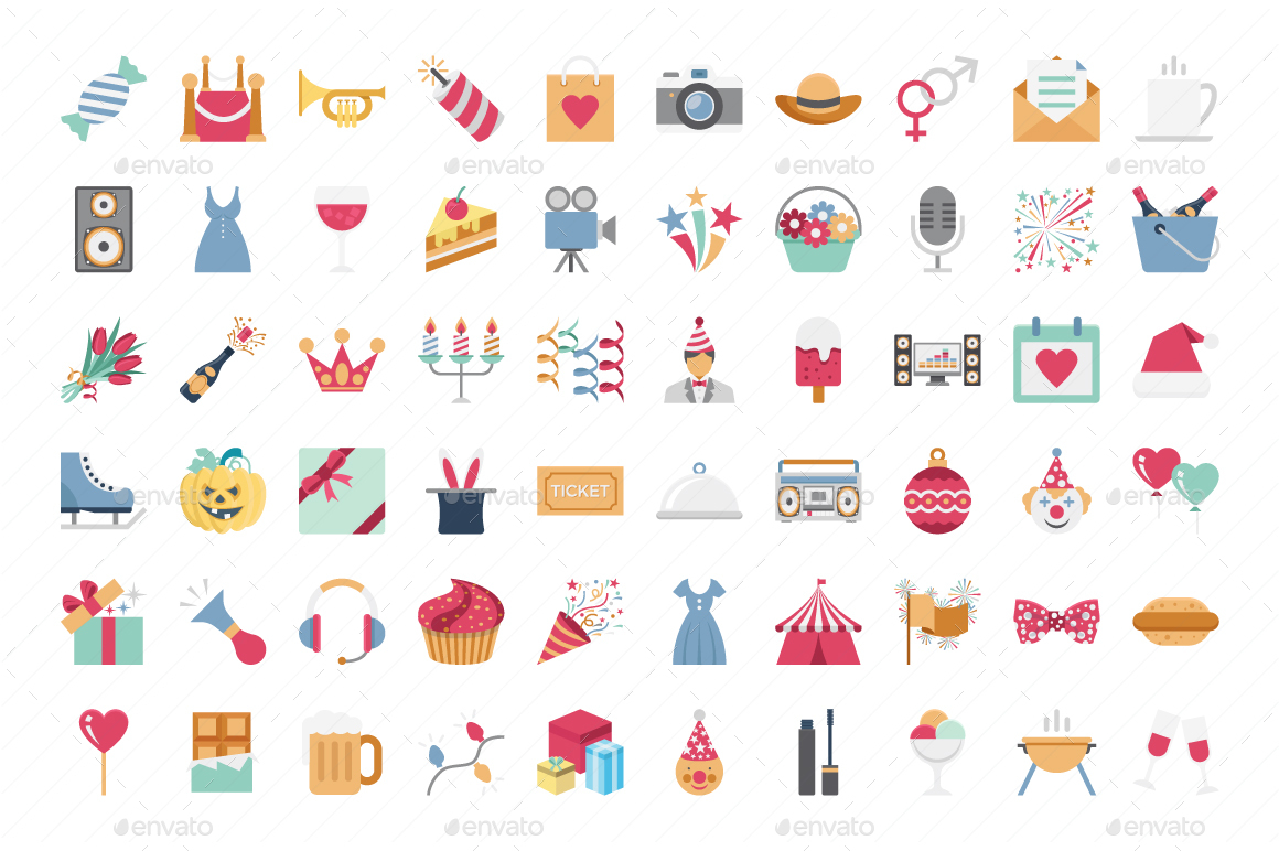 100 Celebration and Party Colored Vector Icons, Icons | GraphicRiver