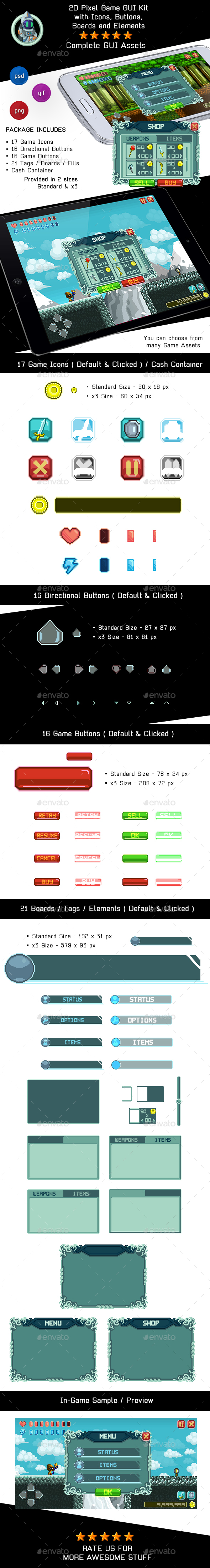 2D Pixel Game GUI Kit with icons, buttons, boards and more by Space_Gecko