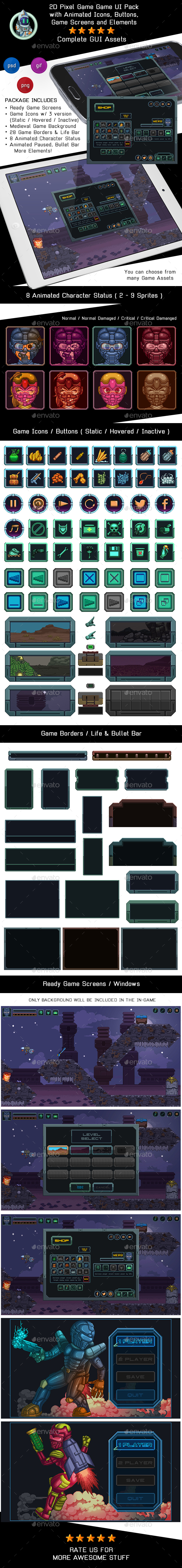 2D Pixel Game GUI Pack with animated icons, buttons and more by Space_Gecko
