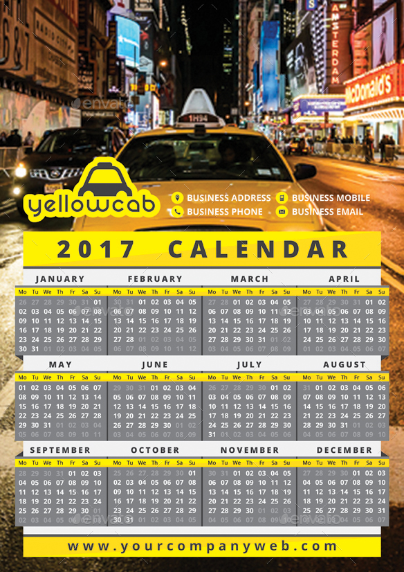 Yellow Cab 2017 Calendar Template by vlmr | GraphicRiver
