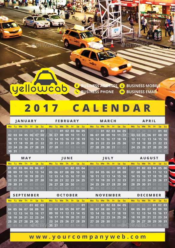 Yellow Cab 2017 Calendar Template by vlmr | GraphicRiver