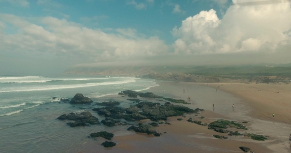 Flying Over Empty Sandy Beach And Ocean Waves., Stock Footage | VideoHive