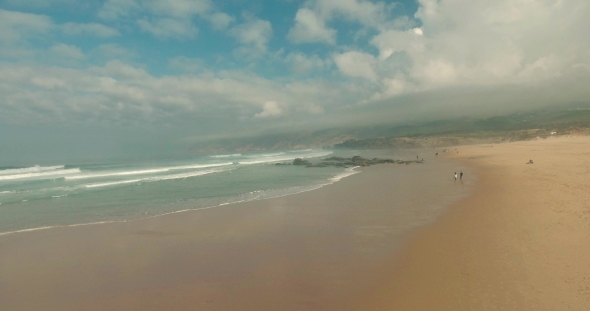 Flying Over Empty Sandy Beach And Ocean Waves., Stock Footage | VideoHive