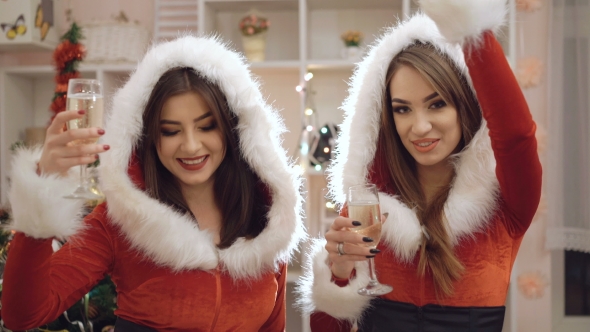 Two Funny Ladies Dancing, Smiling And Drinking Champagne In, Stock Footage