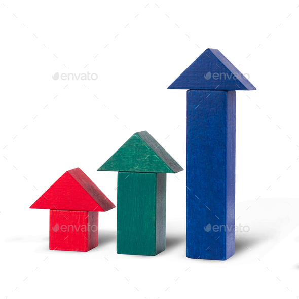 red green and blue arrows of wooden toy building blocks Stock Photo by ...