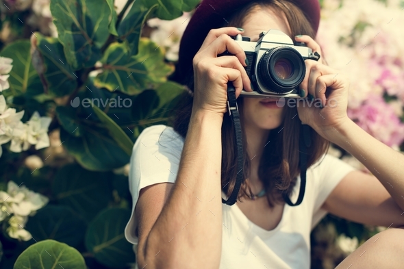 Girl Camera Photographer Focus Shooting Nature Concept Stock Photo by ...