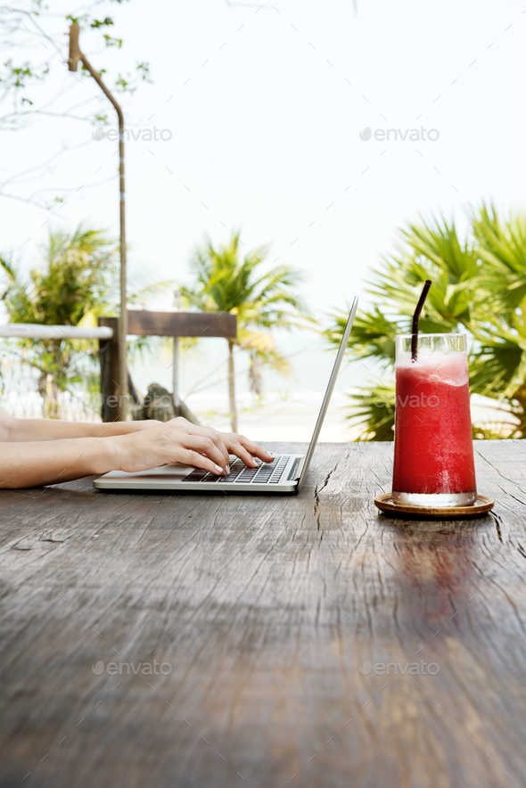 Beach Summer Holiday Vacation Traveling Laptop Technology Concep Stock ...